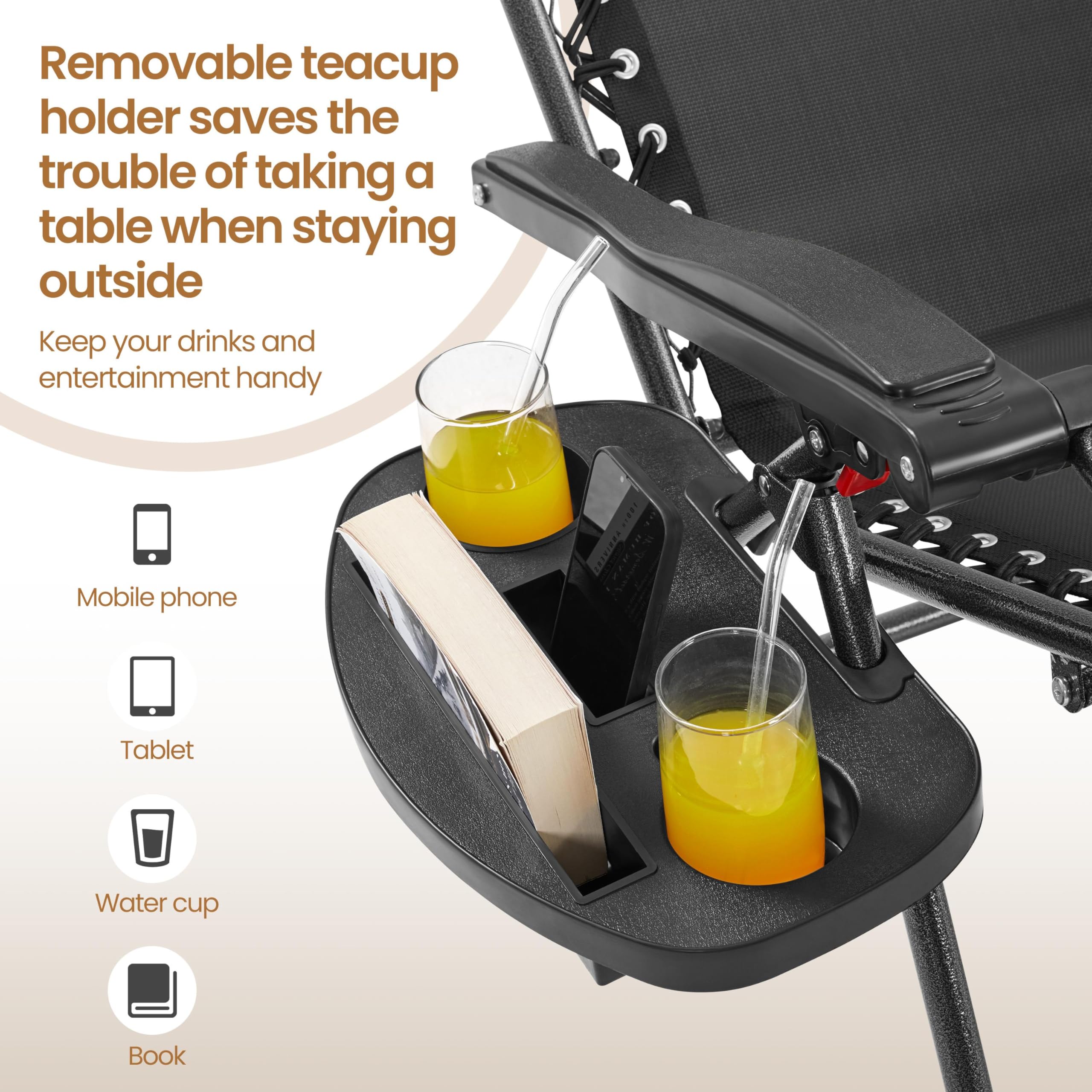 Yaheetech Zero Gravity Recliners Outdoor Adjustable Folding Reclining Lounge Chairs w/Pillows, Cup Holder Trays and Carry Strap for Patio Backyard Beach Black Set of 4