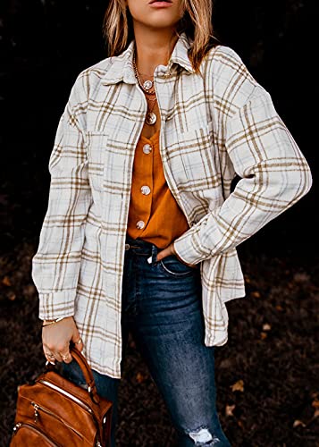PRETTYGARDEN Women's 2023 Fall Clothes Plaid Shacket Jacket Long Sleeve Button Down Flannel Shirts Fashion Blouse(Plaid Khaki,Large)