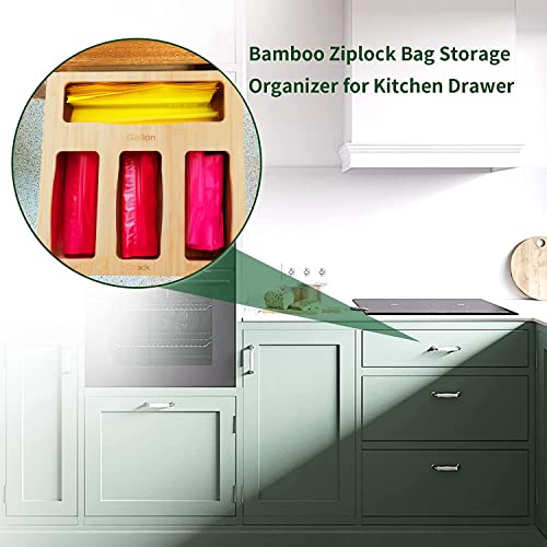 Ziplock Bag Storage Organizer, Premium Bamboo Kitchen Food Baggie Dispenser Box for Drawer, Compatible with Most Brands Gallon Bag, Quart Bag, Sandwich Bag, Snack Bag(1Box 4 Slots)