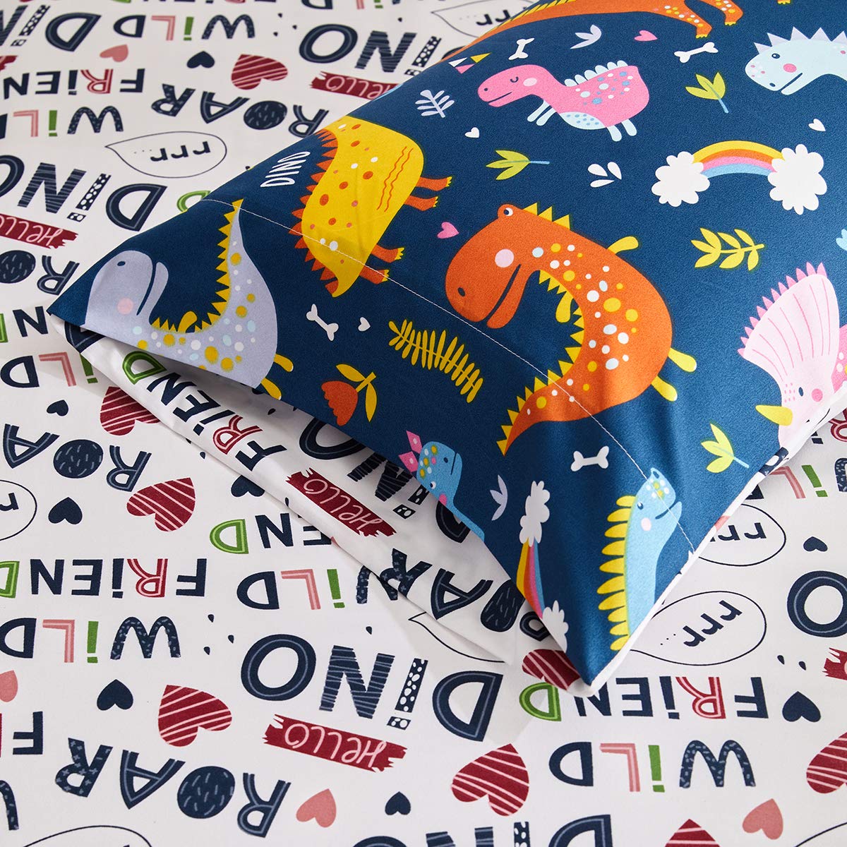 Dinosaur Twin Sheet Set for Kids Boys Teens Cute 3 Pieces Navy Microfiber Bedding Set with Pink Blue Orange Gray Dinosaurs Colorful Monster Style