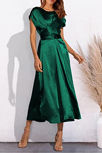 PRETTYGARDEN Women's 2023 Summer Satin Midi Dress Cap Sleeve Tie Waist Elegant A-Line Flowy Dresses (Dark Green,Large)