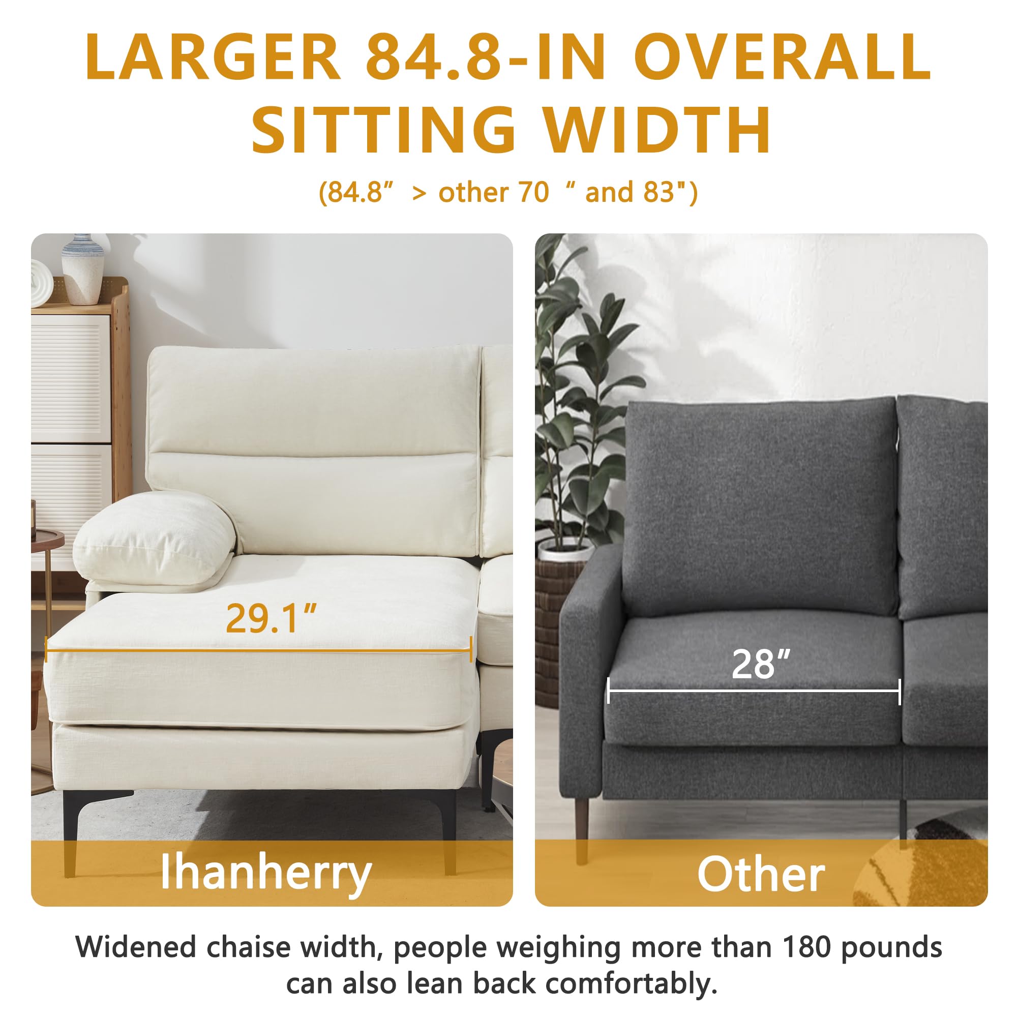 Ihanherry 85β Convertible Sectional Sofa Couch, 3 Seat Sofa for Living Room L-Shaped Modern Chenille Fabric Modular Sofa Reversible Wide Chaise & Fluffy Armrests for Apartment (Beige)