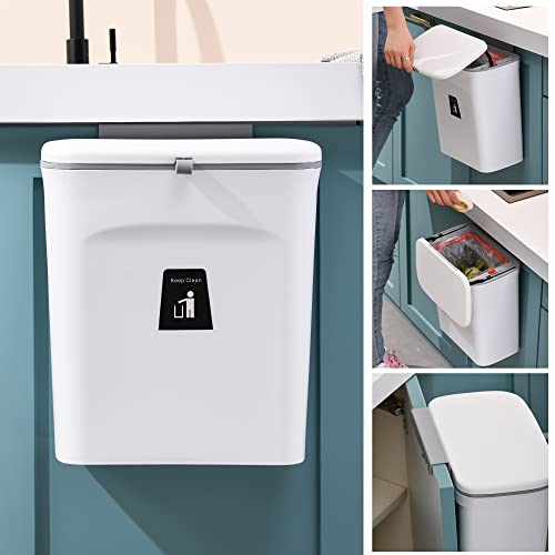 WDPUCHU 2.4 Gallon Hanging Trash Can for Kitchen Cabinet Door with Lid, Small Under Sink Garbage Can for Bathroom, Wall Mounted Counter Waste Compost Bin (White)