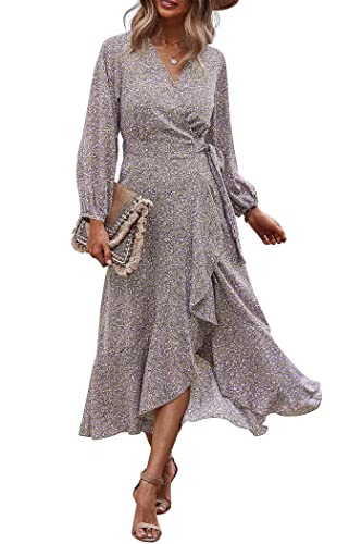 PRETTYGARDEN Women's Long Sleeve Vintage Flowy Dress Floral Print V-Neck Maxi Dresses with Belt (Khaki,Small)