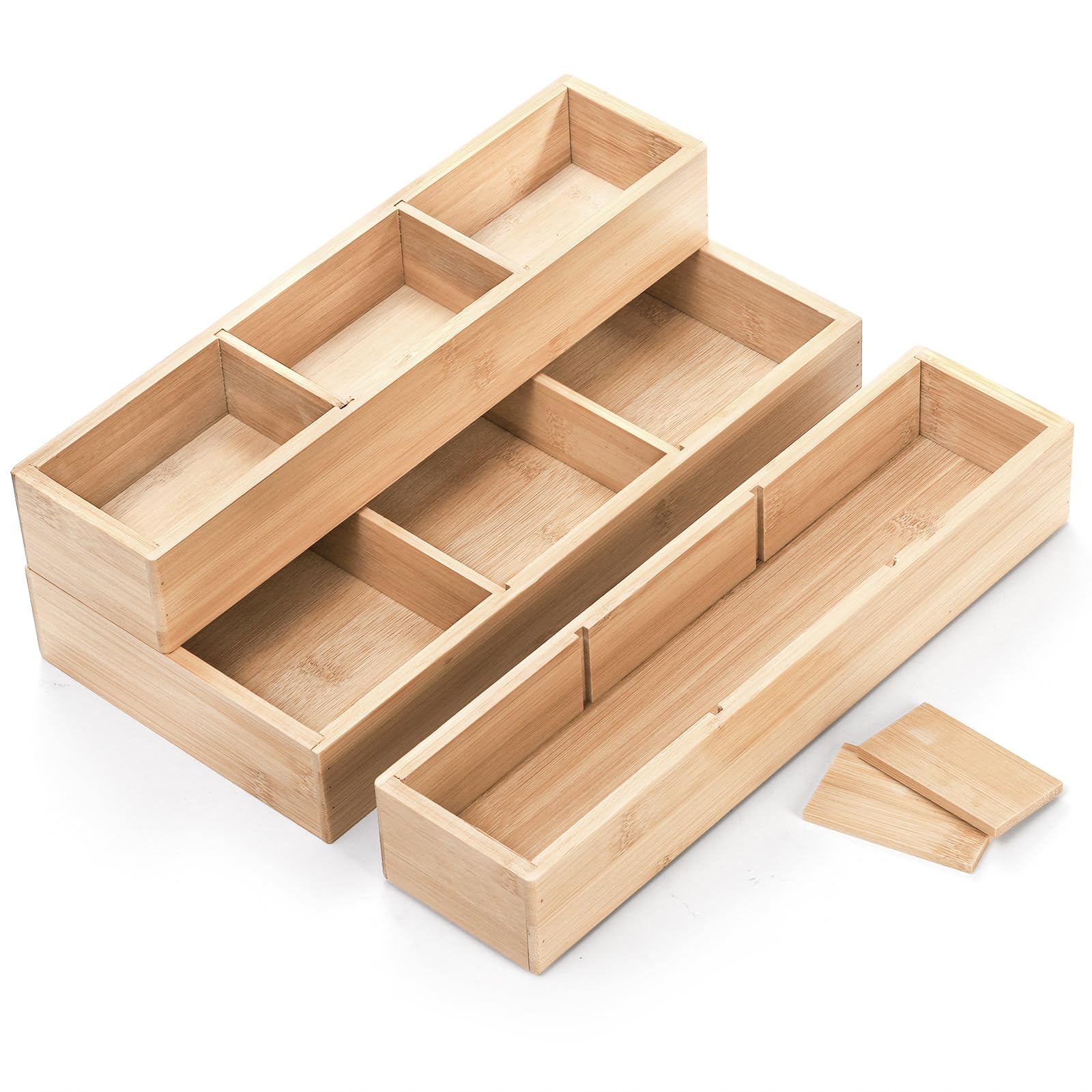 Kingrol Bamboo Drawer Organizers with Adjustable Dividers, Set of 3 Multi-Use Storage Containers for Office Kitchen Bedroom Bathroom, Individual Storage Boxes for Utensil Cutlery Makeup Junk