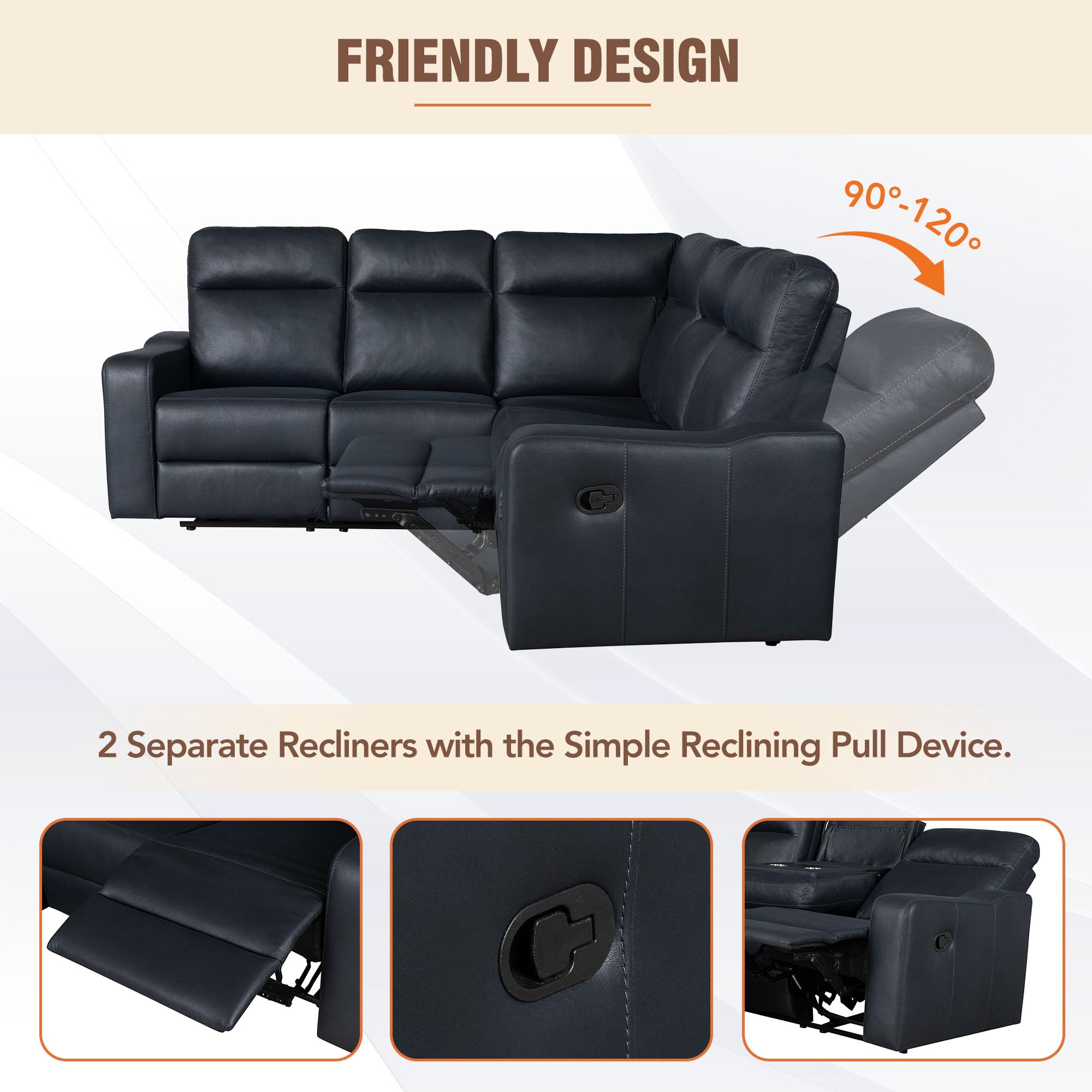 Cutimrke Home Theater Seating Sectional Set, 87.5” Manual Recliner Chair Sofa, Black Blue