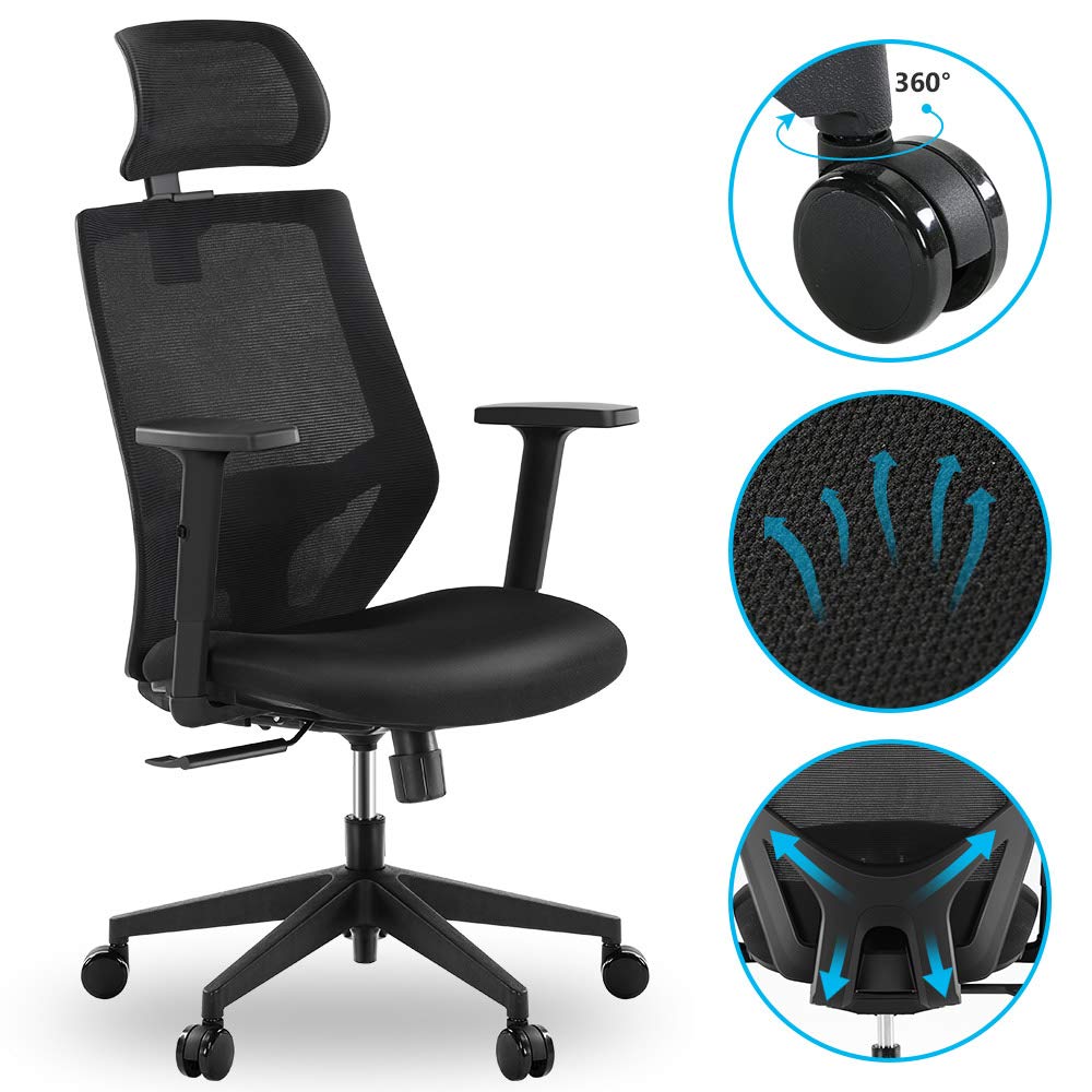Ergonomic Office Chair, Mesh Chair with Lumbar Support, Tribesigns High Back Desk Computer Chair with Breathable Mesh, Thick Seat Cushion, Adjustable Armrest, Backrest and Headrest