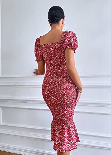 PRETTYGARDEN Women's Summer Floral Midi Bodycon Dresses Short Puff Sleeve Square Neck Ruffle Hem Mermaid Cocktail Dress (Red,Large)
