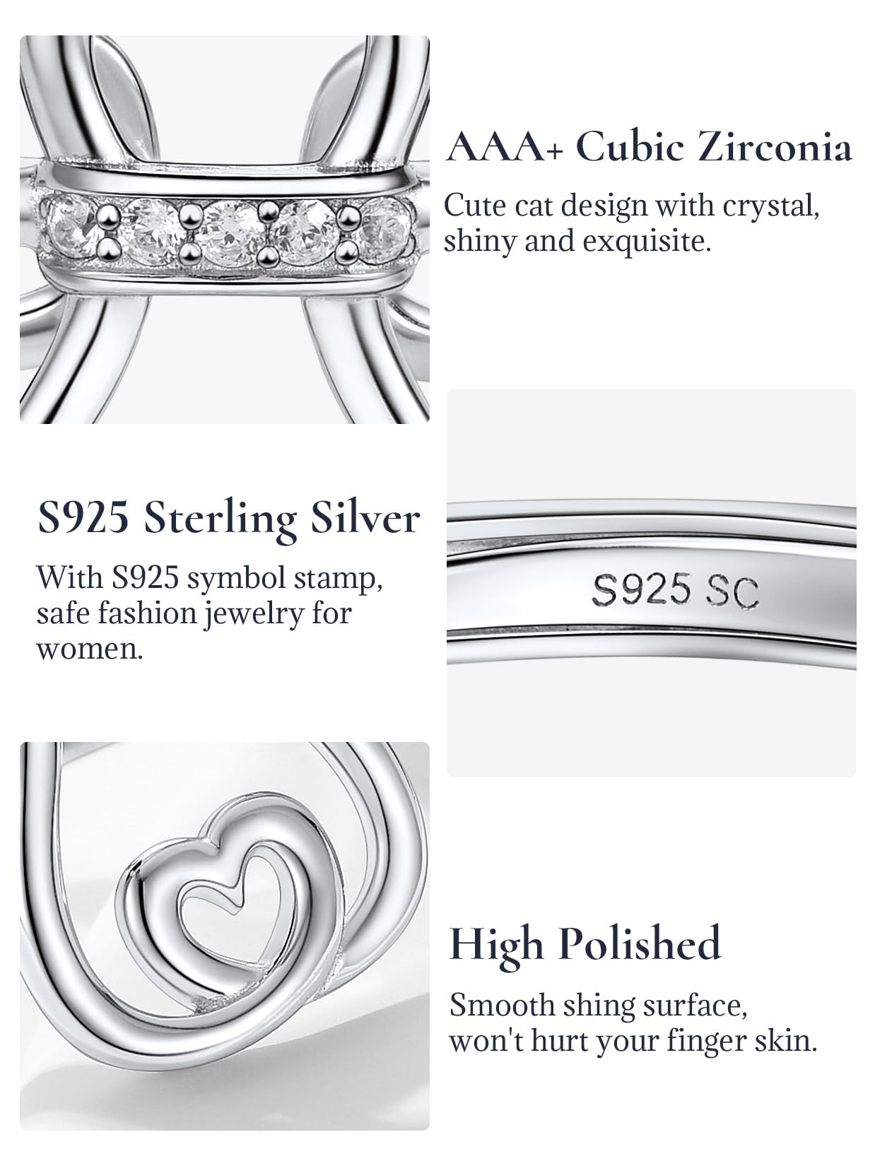SILVERCUTE 925 Sterling Silver Cat Cute Ring Glittering Heart Cubic Zirconia Sparkle Adjustable Ring