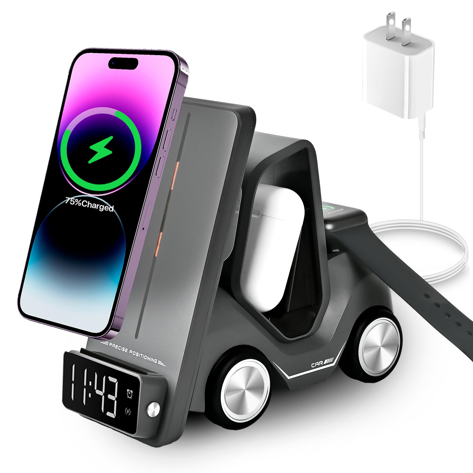Diecallan 5 in 1 Wireless Charging Station 20W Adapter Fast Wireless Charging Apple Devices for iPhone 15/14/13/12 Series for AirPods Pro/3/2,for Apple Watch/iWatch Support Alarm Clock Light(Grey)