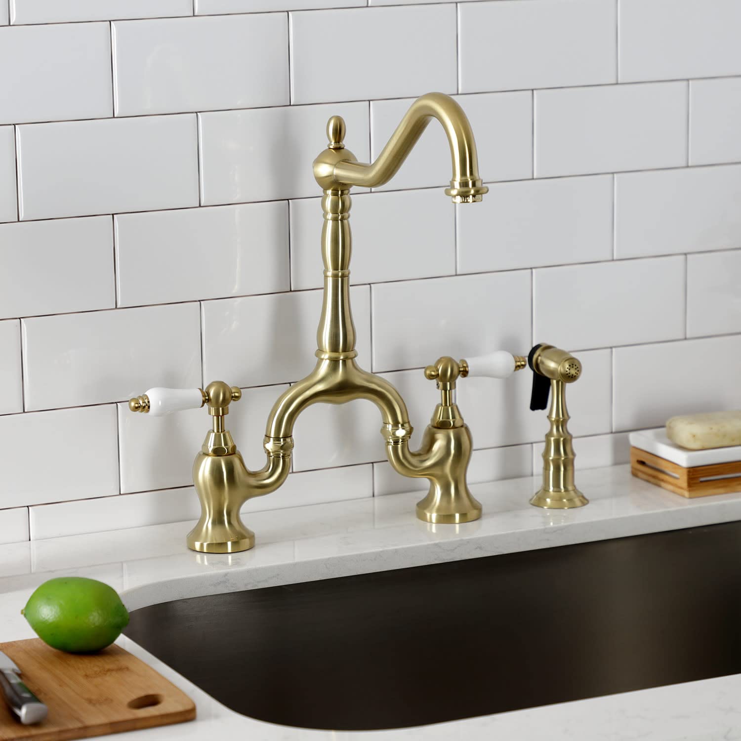 Kingston Brass KS7753PLBS English Country Bridge Kitchen Faucet, Antique Brass