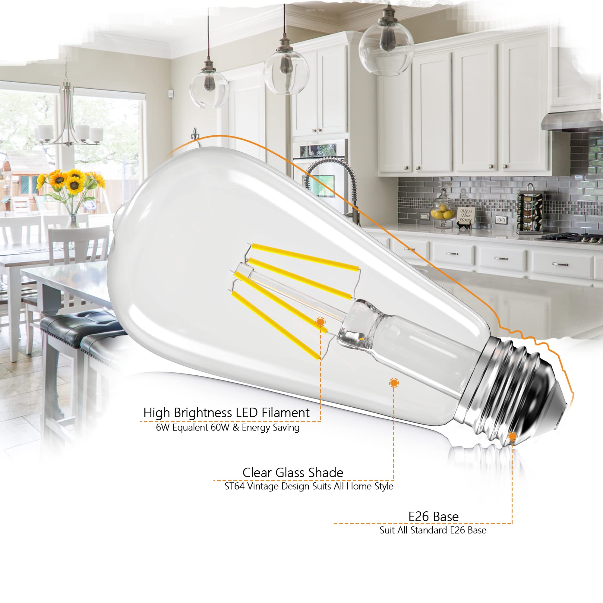 Espird Vintage LED Edison Bulbs, E26 Edison Light Bulbs 6W Equivalent 60W, Antique Filament Bulbs st64 Edison LED Bulb Bright White 4000k, Non-Dimmable, 4 Pack