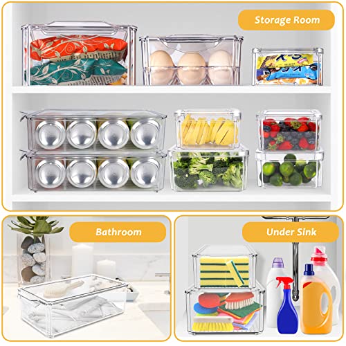 ZNM Refrigerator Organizer Bins, Stackable Fridge Organizer for Pantry Organization, Clear Plastic Storage Bins with Handle & Lid for Freezer, Kitchen, Countertops, Cabinets- BPA Free(Set of 9)