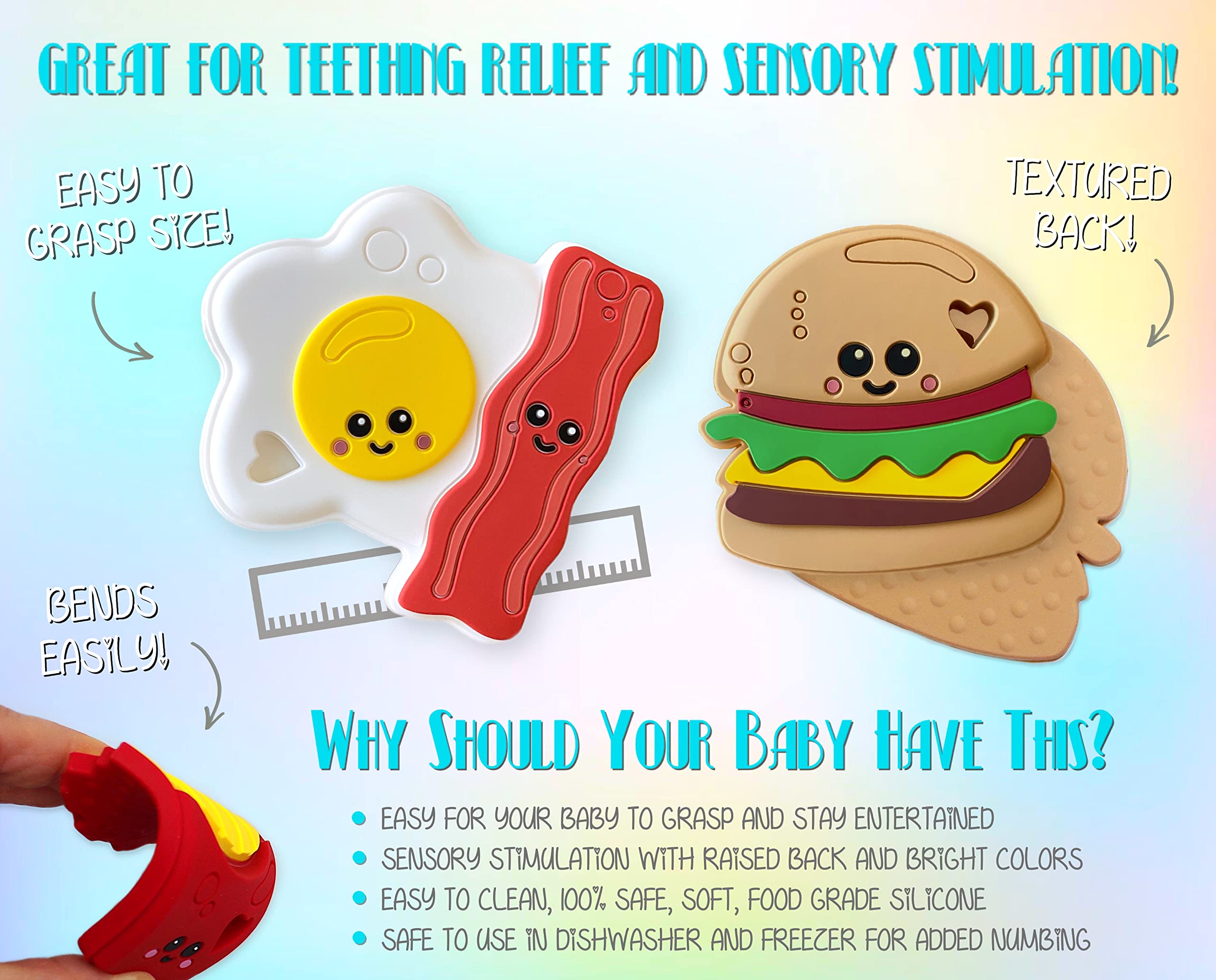 Happy Hamburger Silicone Teething Toy! 100% Safe, Non-Toxic, BPA Free and Effective for Teething Pain Relief...Happy Burger Designed for a Happy Baby!