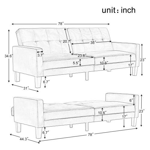 Sofa Futon Premium Linen Upholstery Sofa Can Convertible Into A Bed, Sofa Bed Upholstery with Wooden Legs, Fabric Living Room Sofa Contemporary Plush Sleeper Sofa with Padded Cushions (Grey)
