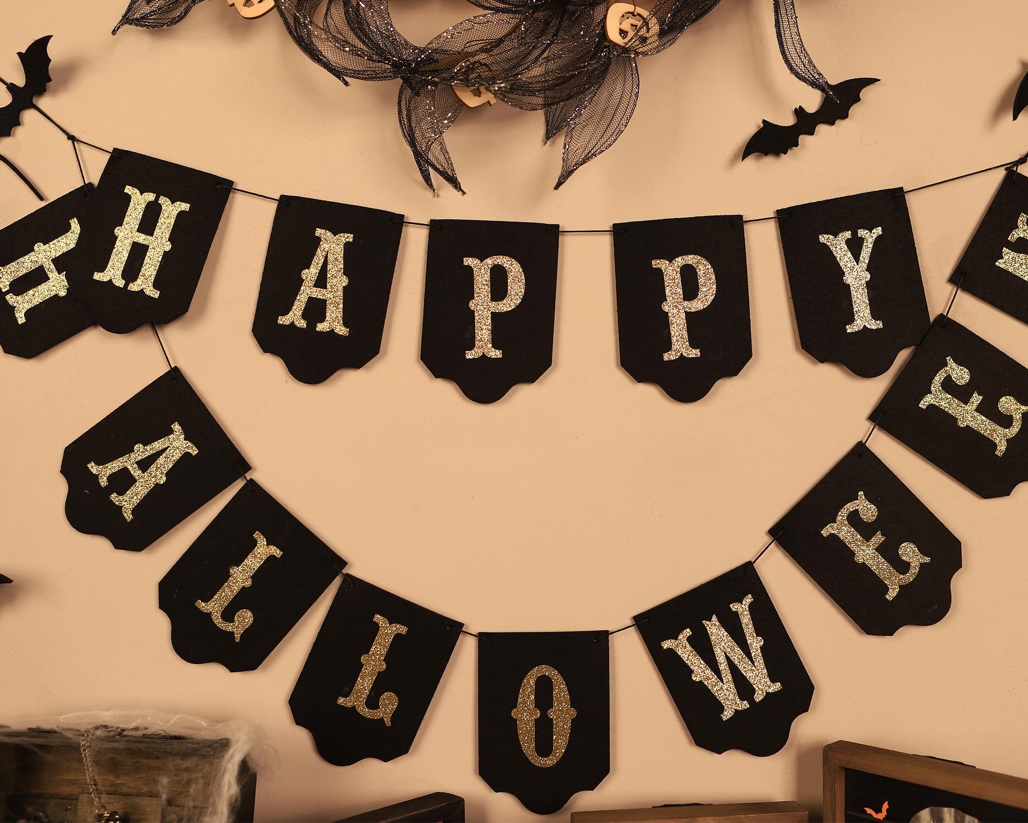 DN DECONATION Halloween Decorations Indoor Set, 24PCS Happy Halloween Banner Bundle, Halloween Garland Fireplace Mantel Decoration for Wall, Scary 3D Bat Spider Web for Spooky Party Home Office Decor