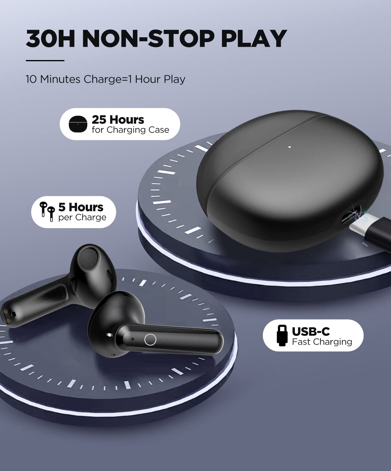 IKG Wireless Earbuds, Bluetooth Headphones with Microphone, 30H Playtime with Transparent Charging Case, Deep Bass, IPX7 Waterproof, Earphones for Work Sport Game