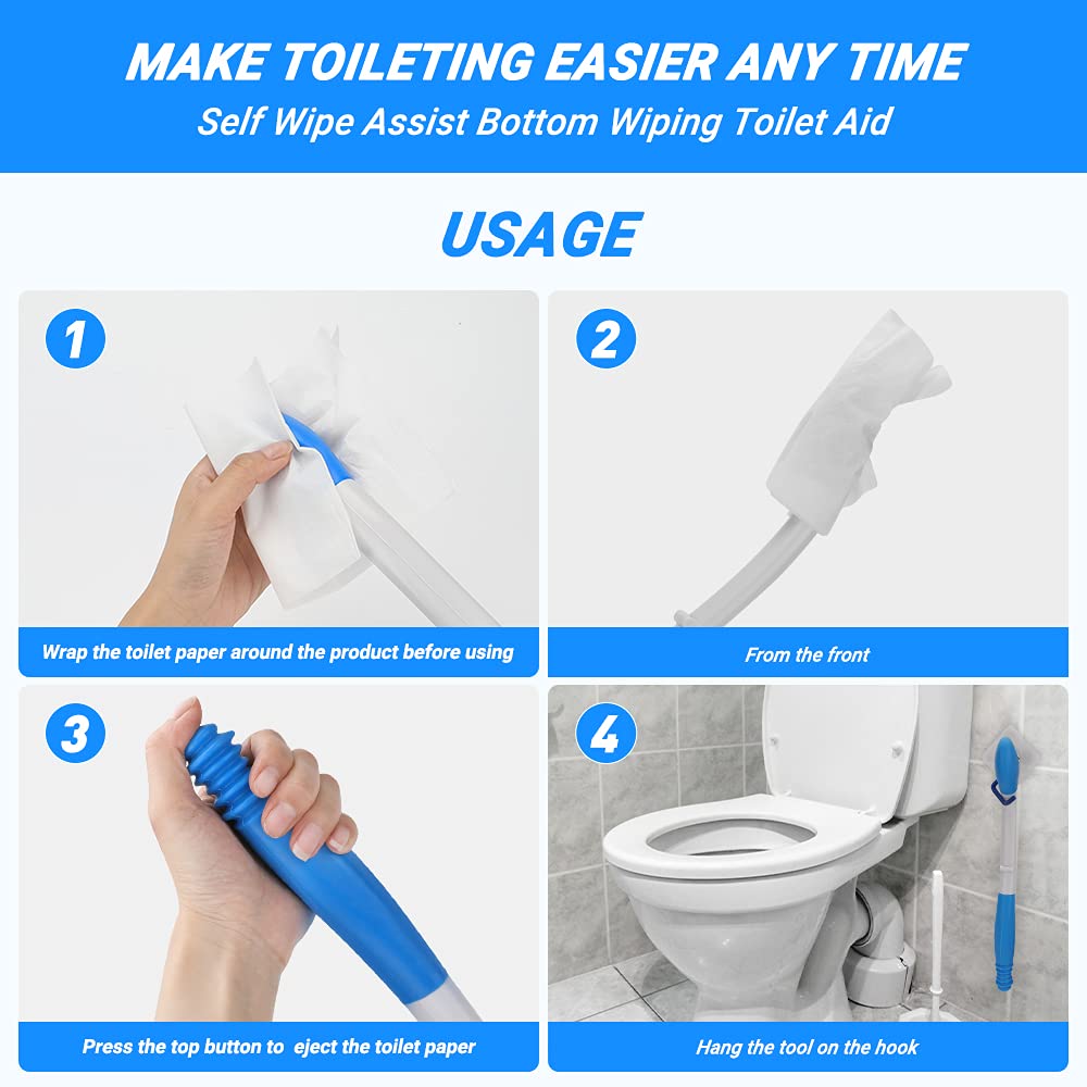 Foldable Toilet Aids for Wiping, Jhua 15.7" Long Reach Comfort Wipe Bottom Grips with Hook, Toilet Paper Aids Tools Tissue Grip Self Wipe Assist Holder, Blue
