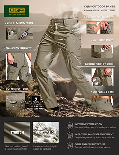 CQR Men's Cool Dry Tactical Pants, Water Resistant Outdoor Pants, Lightweight Stretch Cargo/Straight Work Hiking Pants, Runyon Cargo Tan, 32W x 34L