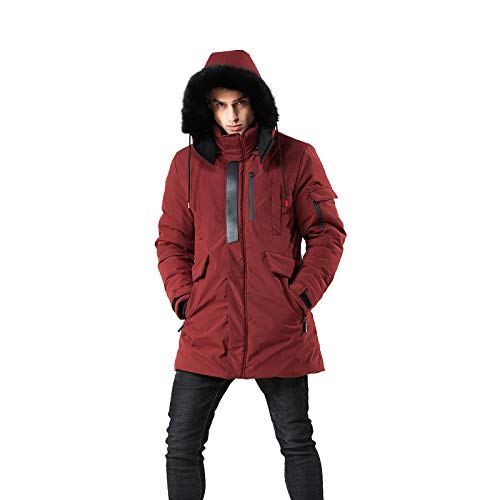 WEEN CHARM Men's Warm Parka Jacket Anorak Jacket Red Winter Coat with Detachable Hood Faux-Fur Trim