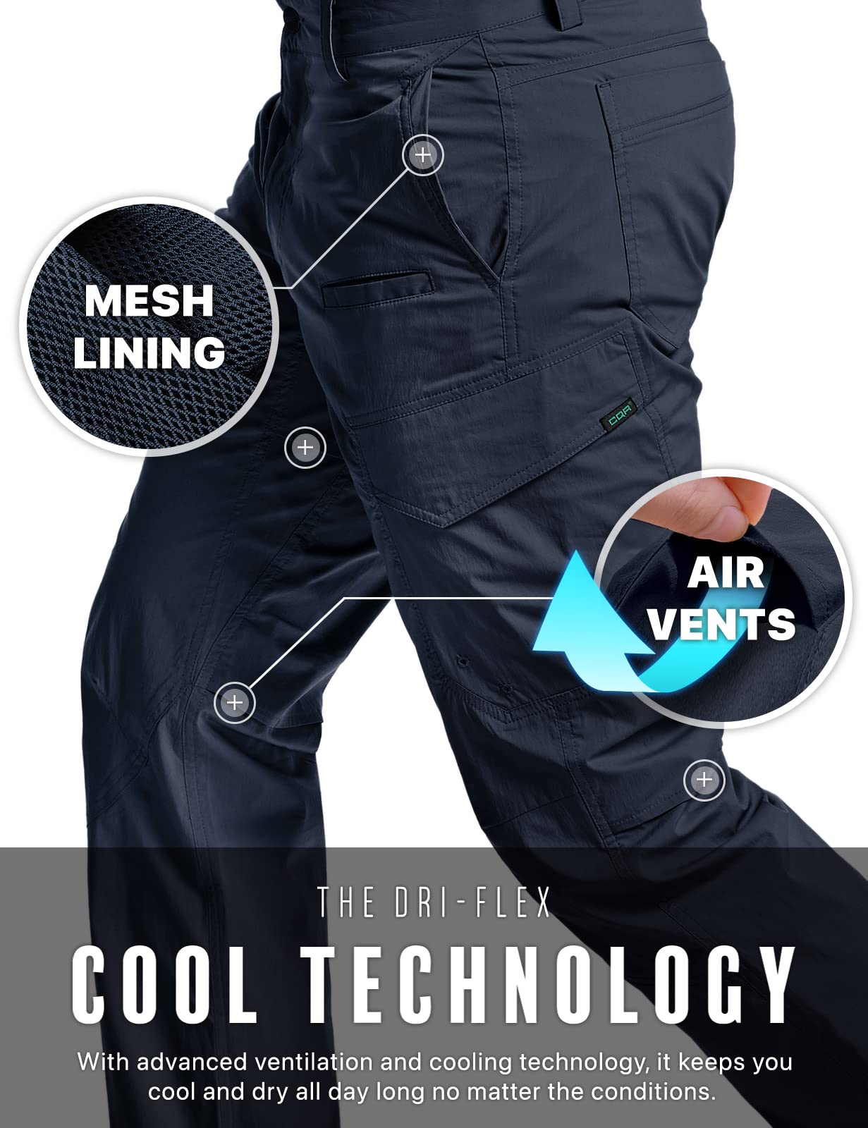 CQR Men's Cool Dry Tactical Pants, Water Resistant Outdoor Pants, Lightweight Stretch Cargo/Straight Work Hiking Pants, Runyon Cargo Navy, 34W x 30L