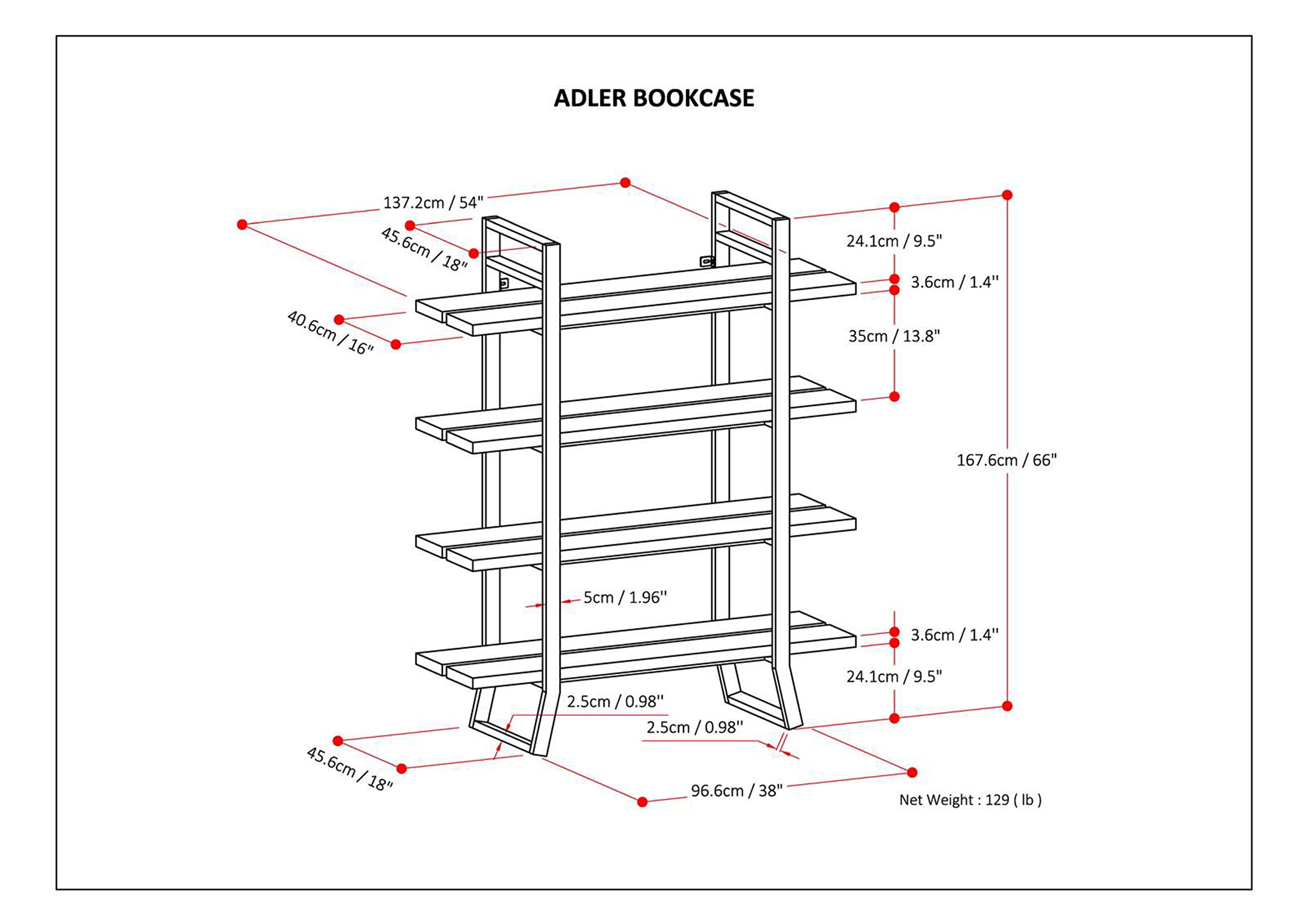 SIMPLIHOME Adler SOLID WOOD and Metal 66 inch x 54 inch Modern Industrial Bookcase in Light Walnut Brown with 4 Shelves, for the Living Room, Study and Office