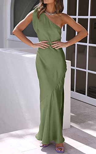 PRETTYGARDEN Women's 2023 Summer One Shoulder Knot Wedding Guest Maxi Bodycon Dress Split Mermaid Long Party Dresses (Army Green, Large)