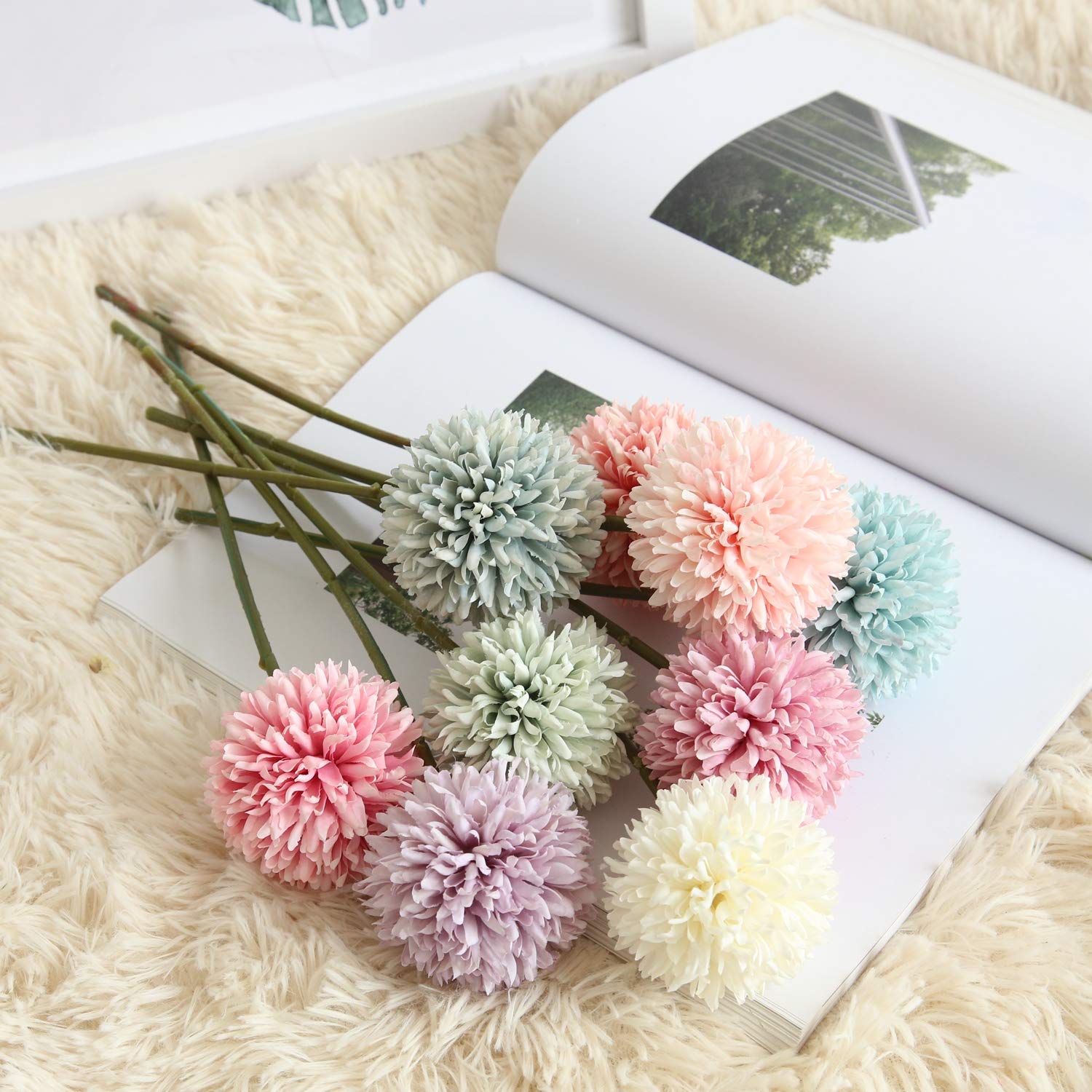 CQURE Artificial Flowers, Fake Flowers Silk Artificial Hydrangea 6 Heads Bridal Wedding Bouquet for Home Garden Party Wedding Decoration 6Pcs (Light Pink)