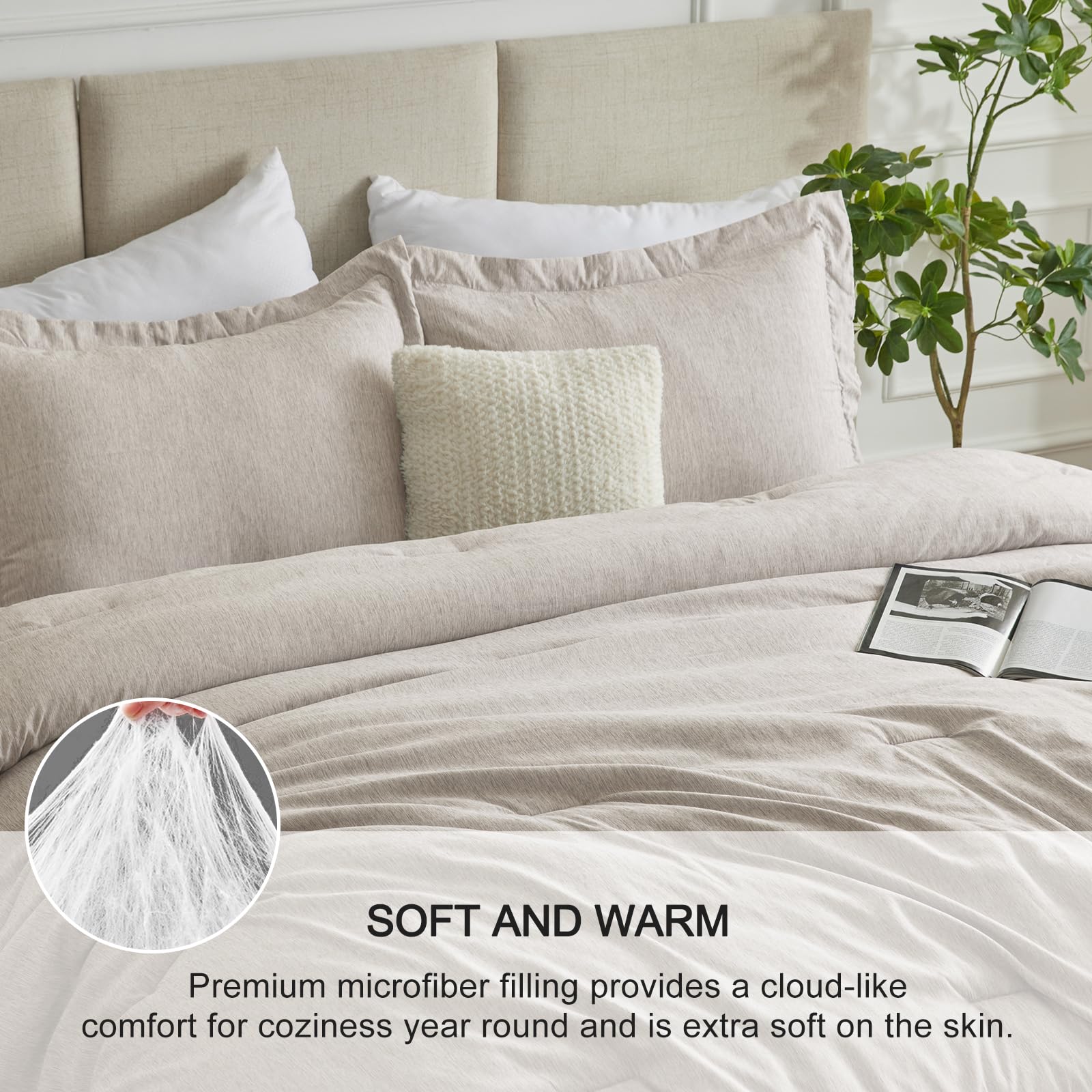 CozyLux Queen Size Comforter Set - 3 Pieces Beige Soft Luxury Cationic Dyeing Bedding Comforter for All Season, Breathable Lightweight Fluffy Boho Bed Sets with 1 Comforter and 2 Pillow Shams