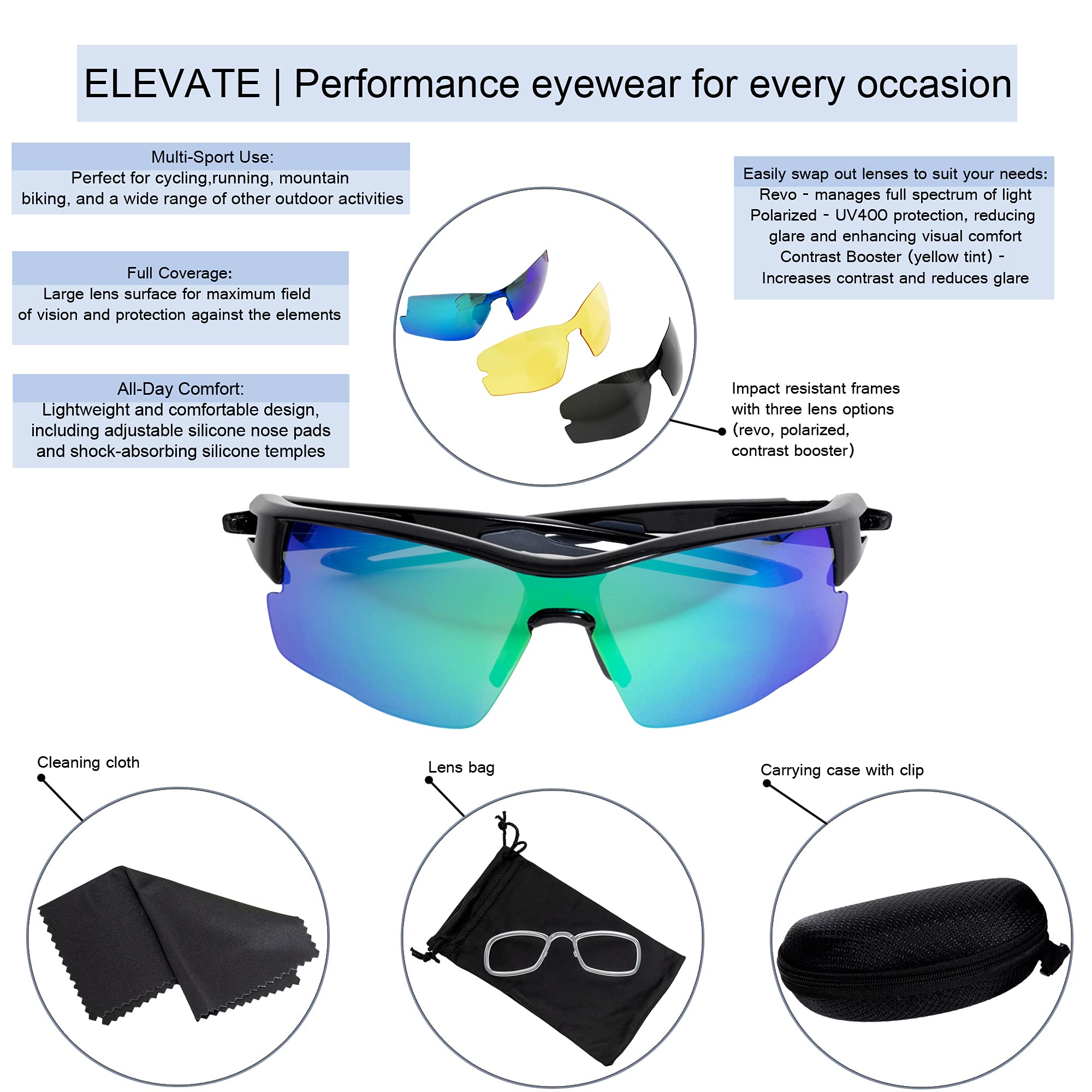Elevate Sports & Outdoors Sunglasses for Cycling, Running, Training - Interchangeable lens options