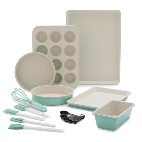 GreenLife Bakeware Healthy Ceramic Nonstick, 12 Piece Baking Set with Cookie Sheets Muffin Cake and Loaf Pans including utensils, PFAS-Free, Turquoise
