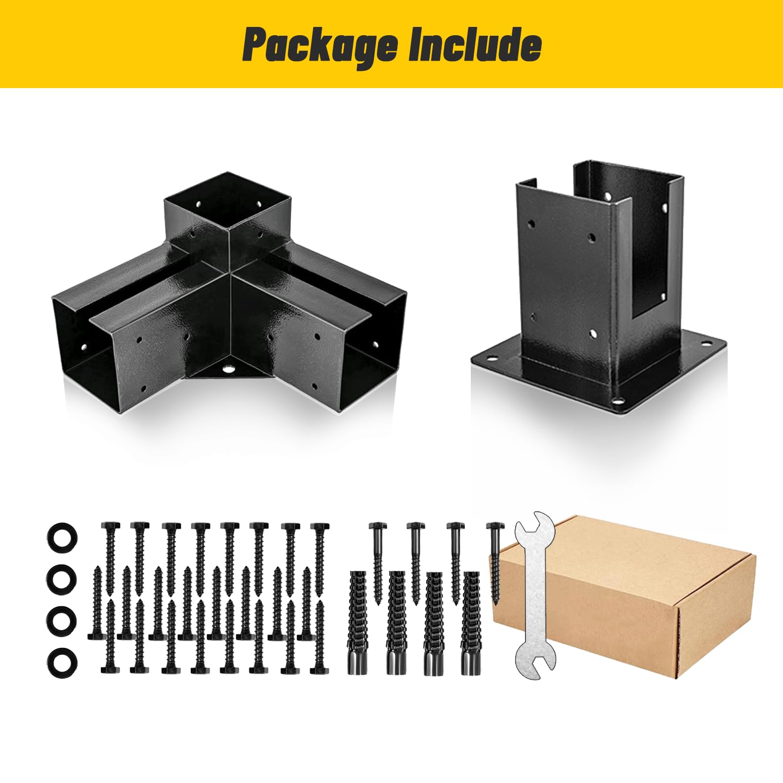 Glossy Black 3-Way Woodwork DIY Pergola Brackets Kit, Elevated Wood Stand Kit with Powder-Coated Steel, Include Extension Brackets & Post Base Brackets| Modular Pergola Kit for 4x4 Wood Post(1 Pair)