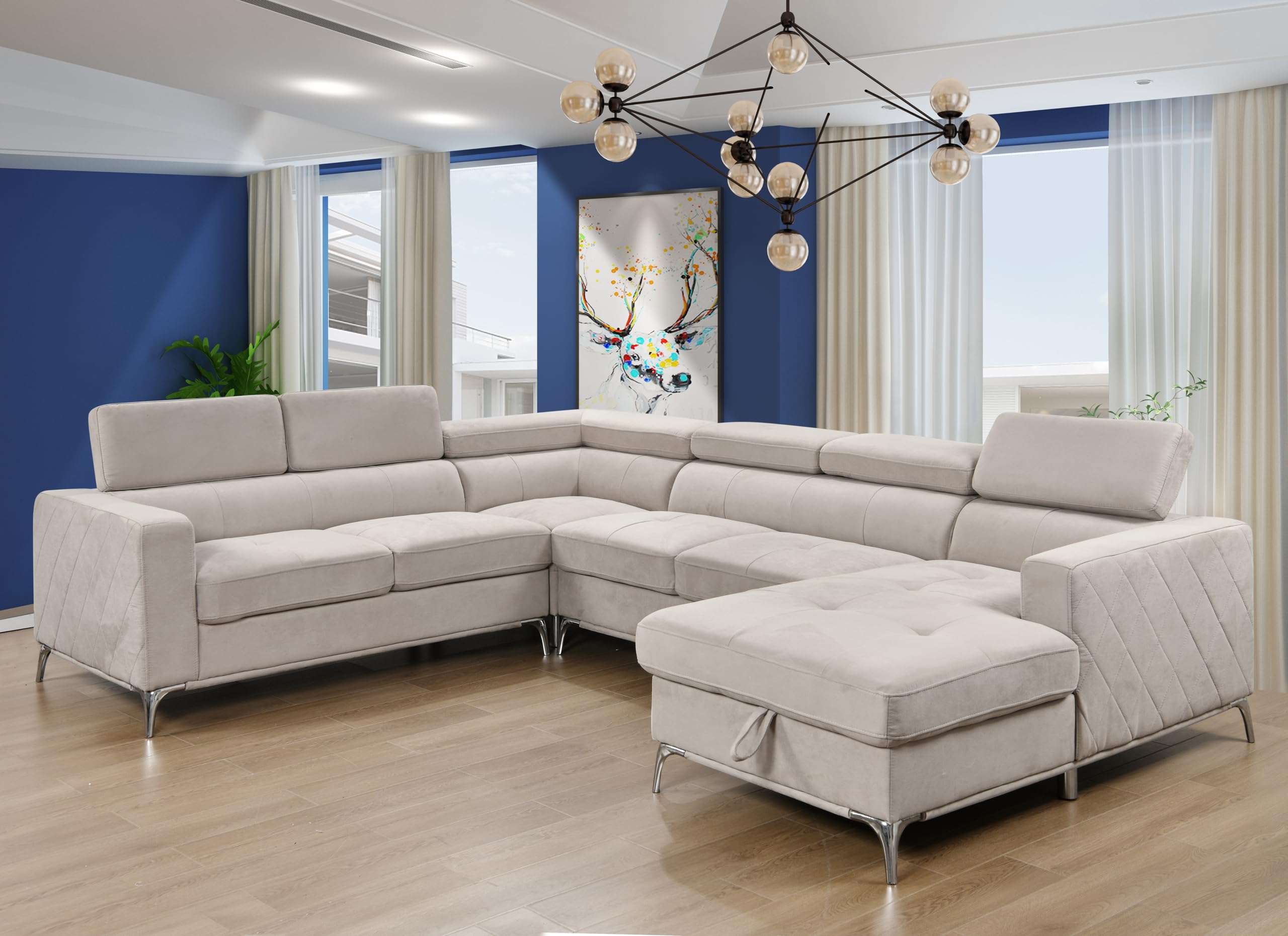 LUSPAZ 105 Inch Convertible L-Shape Sectional Sofa for Living Room, Apartment, 4 Seater Reversible Corner Modular Sleeper Couch Bed with Storage Chaise and 2 Stools for Large Speaces, Charcoal Gray