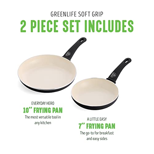 GreenLife Soft Grip Healthy Ceramic Nonstick 7" and 10" Frying Egg Omeltte Pan Skillet Set, PFAS-Free, Dishwasher Safe, Black and Cream