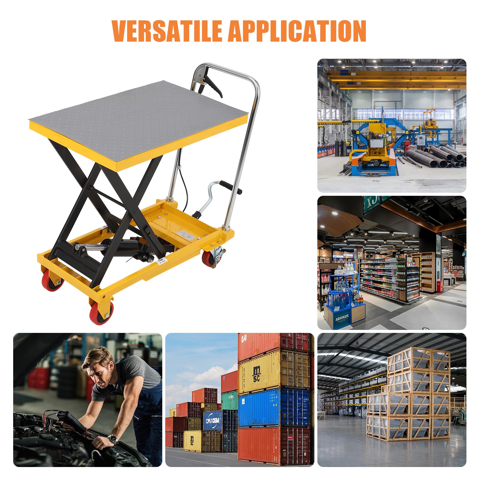 Hydraulic Lift Table Cart 500lbs, Lift Table Capacity 28.4" Lifting Height, Manual Single Scissor with Pressure Relief Bar, 4 Wheels Non-Slip Pad Thickness 3mm for Material Handling