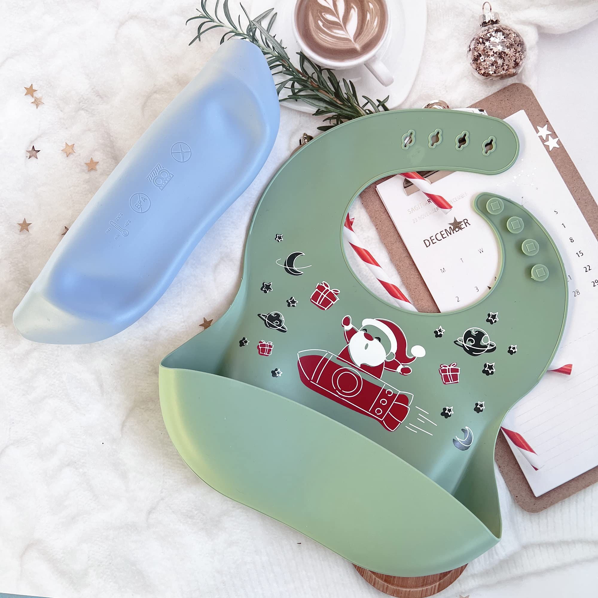 ILEYLUY Silicone Baby Bibs for Babies & Toddlers Set of 2, Feeding Bibs Unisex Soft Adjustable Waterproof BPA Free(Grey,Bear)