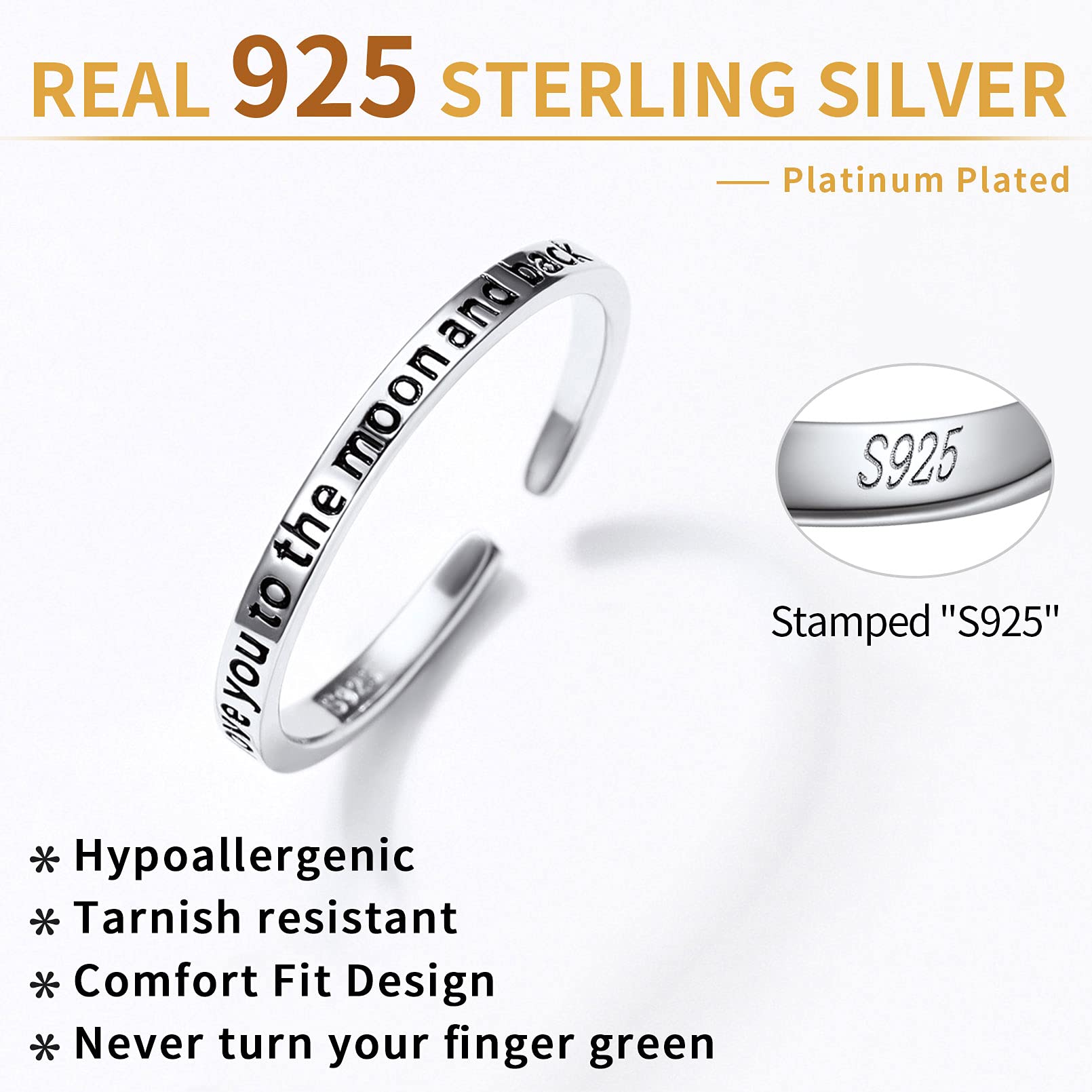 ChicSilver Sterling Silver Ring, Engraved I Love You to The Moon and Back Eternity Ring Open Adjustable Rings for Women Men