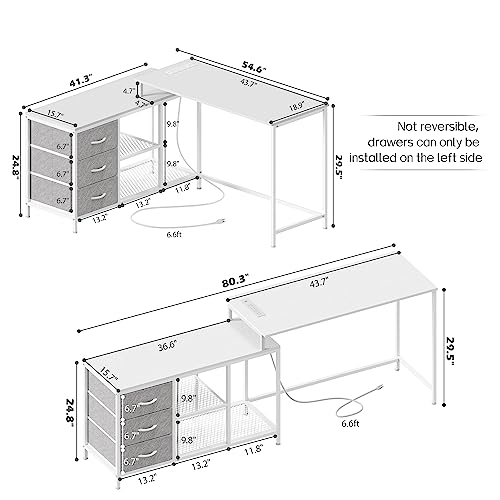 SUPERJARE L Shaped Desk with Power Outlets, Computer Desk with Drawers & Shelves, Corner Desk Gaming Desk Home Office Desk, White