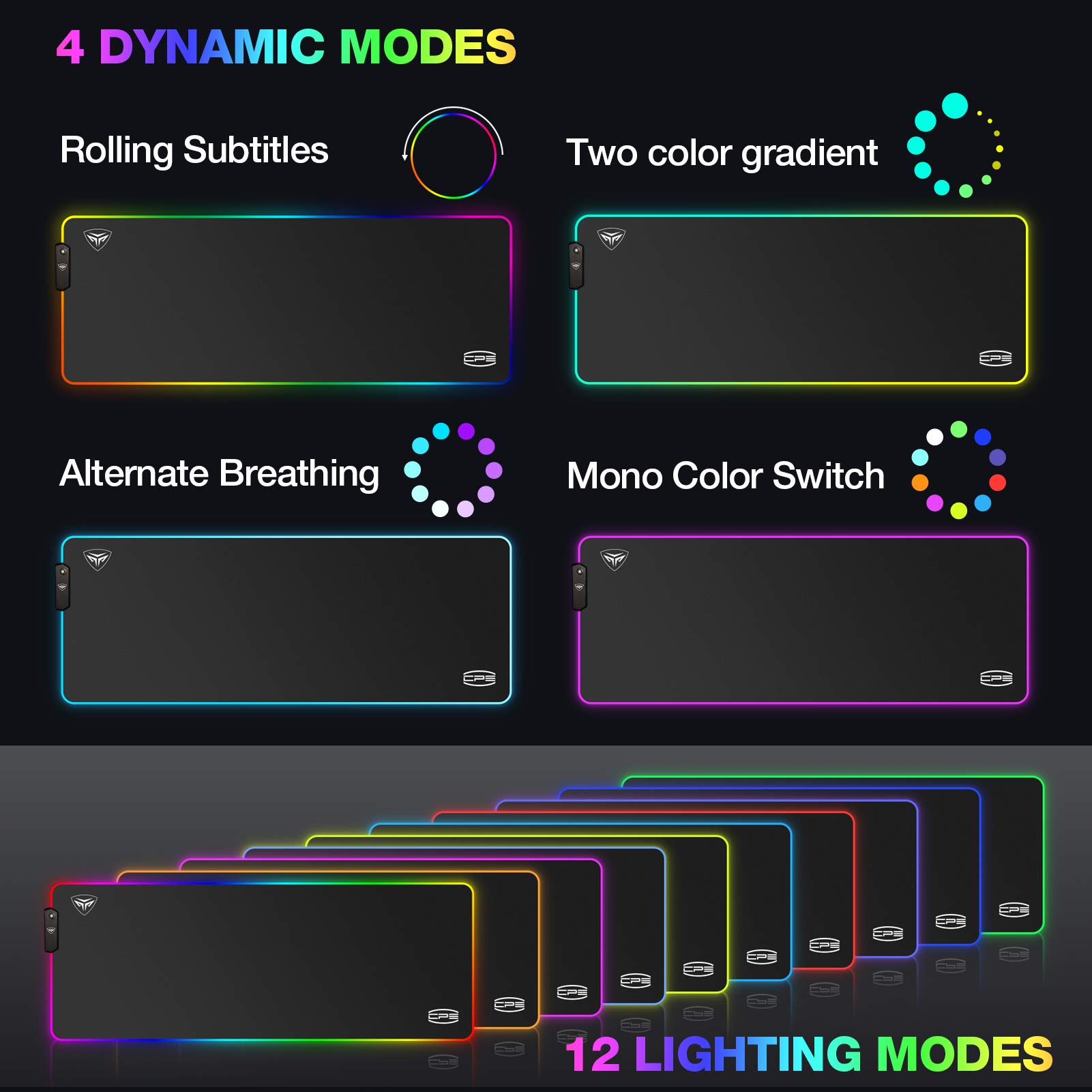 CP3 RGB Gaming Mouse Pad XXL 12 Lighting Modes Mouse Mat Large Anti-Slip Rubber Base and Waterproof PC Gaming Pad for Game and Work, 31.5 X 11.8 Inch
