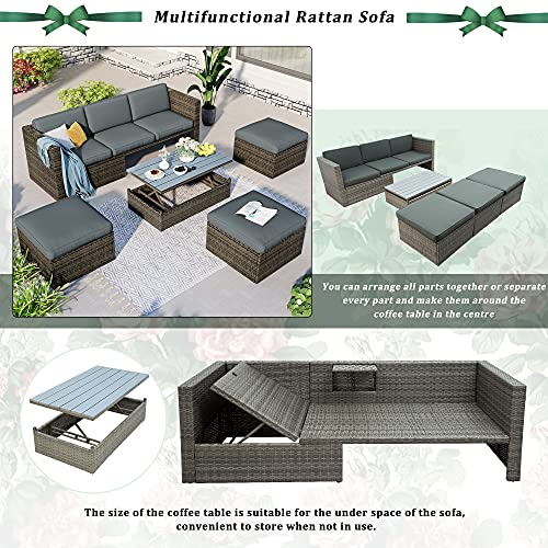Merax 5-Piece Patio PE Rattan Wicker Sofa with Adustable Backrest,Cushions,Ottomans and Lift Top Coffee Table,Outdoor Furniture Sets,Dark Grey