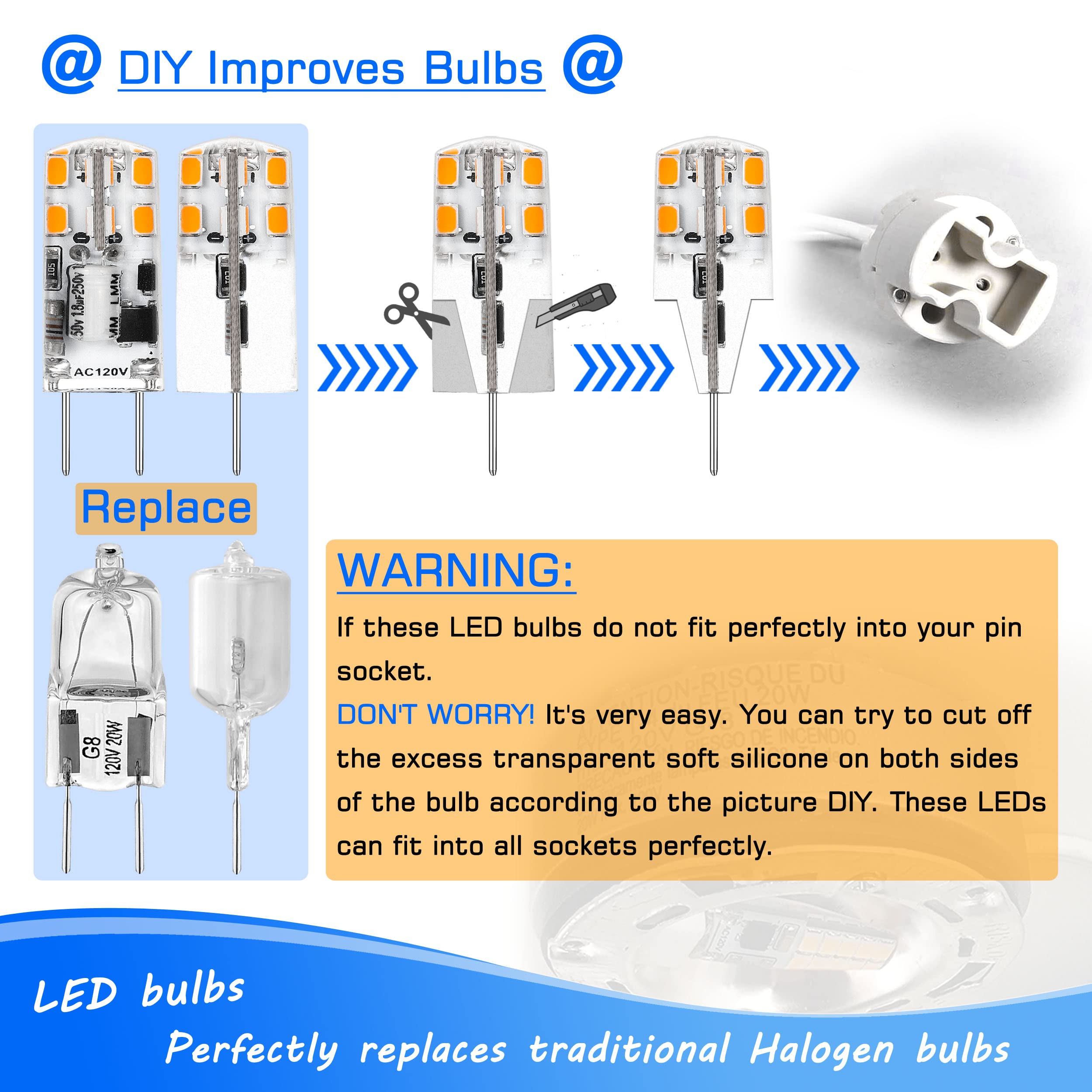 Heifymi 0-100% Dimmable No Flicker G8 Led Light Bulbs 20W 25W Halogen Equivalent,120V G8 Base 2Pin Led Bulb 3W T4 JCD Type 2700K Warm White for Under Cabinet Counter Puck Lighting,6Pack