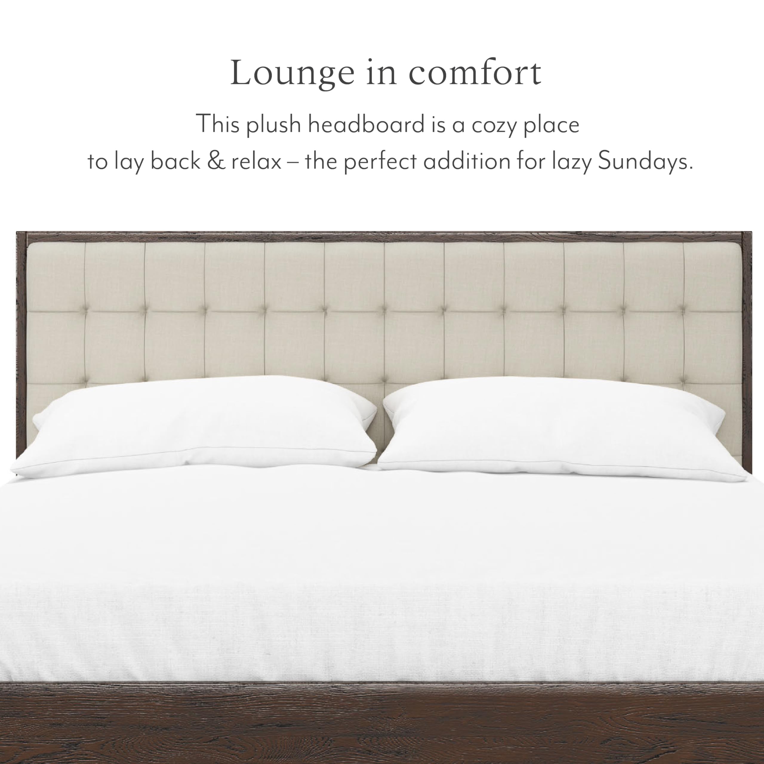 DG Casa Soloman Beige Solid Wood and Upholstered Platform Bed Frame with Tufted Headboard, Full Wooden Slats, Easy Assembly, No Box Spring Required - Modern Mid Century Style King Size Bed