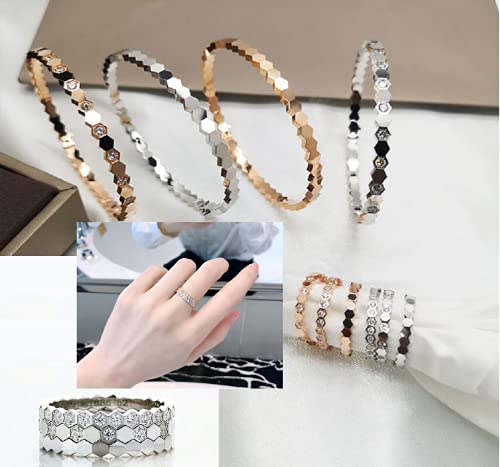 Detail 18K Plated Platinum/Rose Gold Cute Bee Honeycomb Ring Minimalist Women's Geometric 3PCS Set Shiny Cubic Zirconia Diamond Hexagonal Ring Wedding Anniversary Eternity Ring (8#, Platinum)