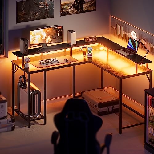 SUPERJARE L Shaped Gaming Desk with Power Outlets & LED Lights and Nightstands Set of 2 with Charging Station & LED Light Strips, Black