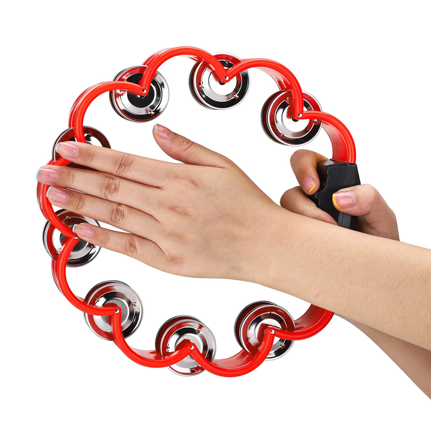Facmogu 2 Pack Double Row Handheld Percussion Tambourine, Hand Tambourine Bells Music Instrument - Red