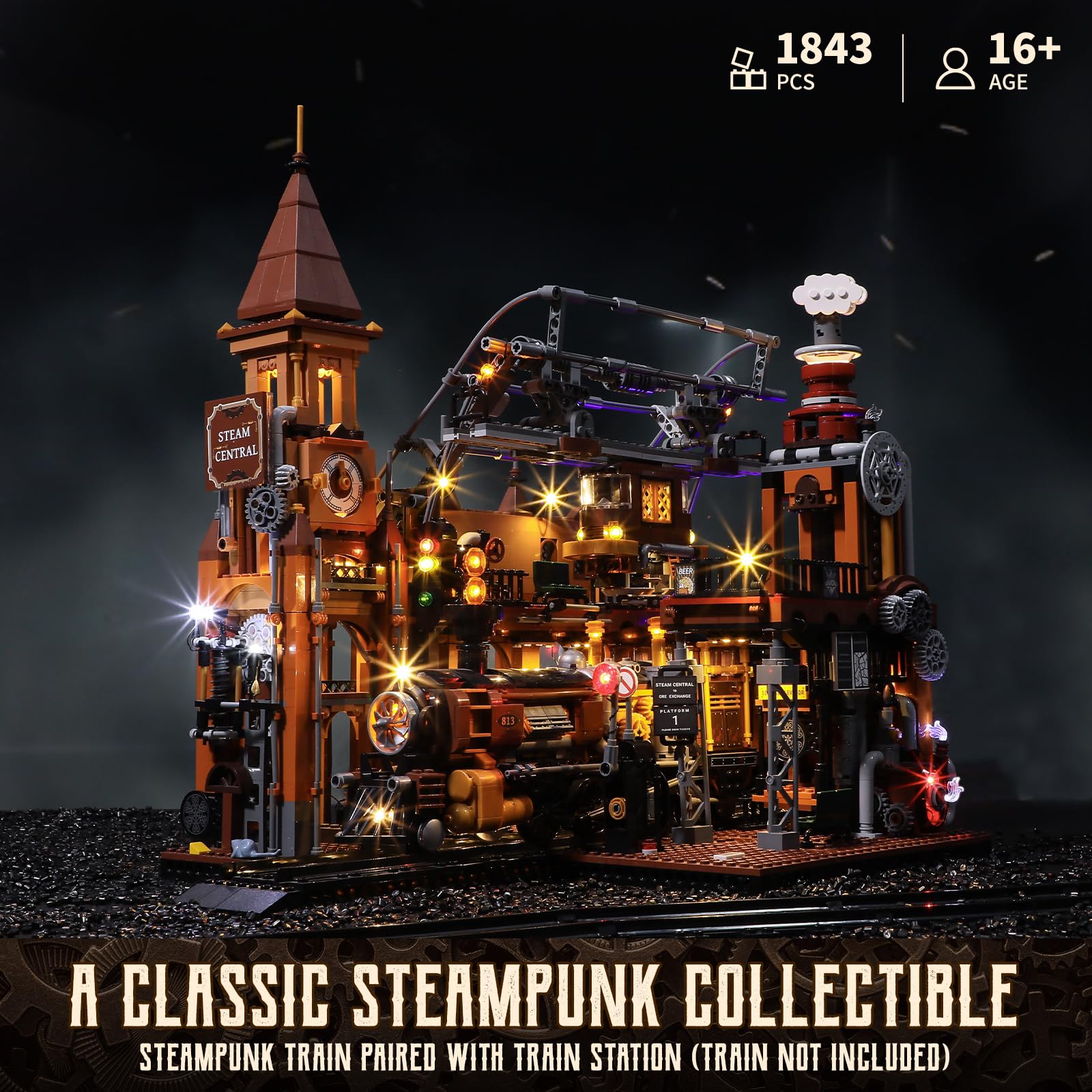 FUNWHOLE Train-Station Lighting Building Bricks Set - Steampunk LED Light Building Set 1843 Pieces for Adults and Teens