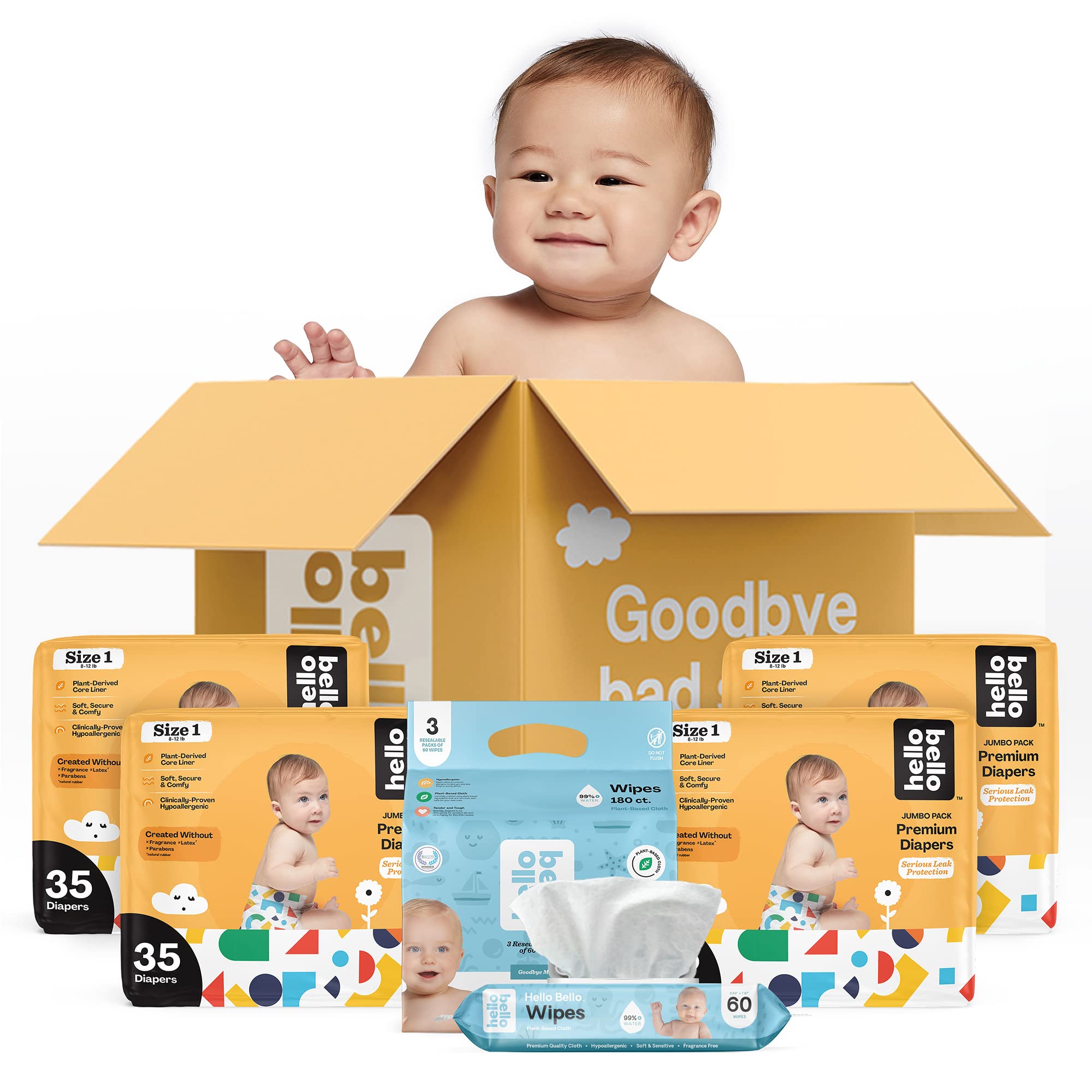Hello Bello Diapers and Wipes Bundle for Babies | Size 1 | Boy Building Blocks Pattern, 140 Count (4 Packs of 35) | Wipes, Unscented, 180 Count (3 Packs of 60) | 320 Count