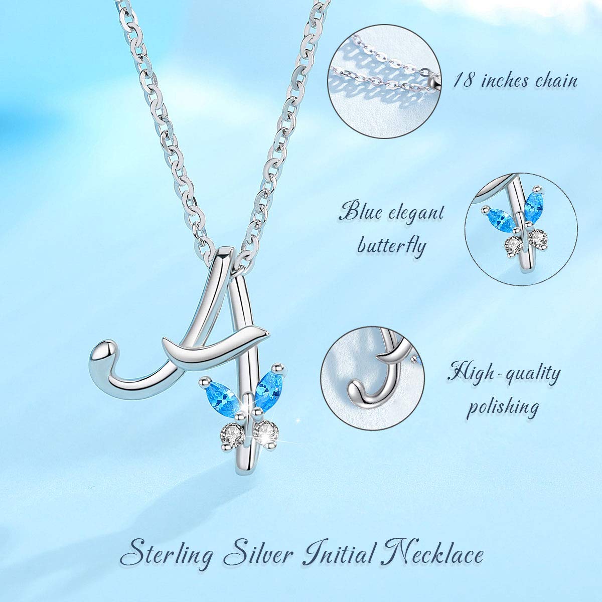 EUDORA Sterling Silver Initial A Necklaces for women Alphabet A Necklace Initial Personalized Letter A Pendant with Blue Cubic Zirconia Butterfly for Mom 18" Chain