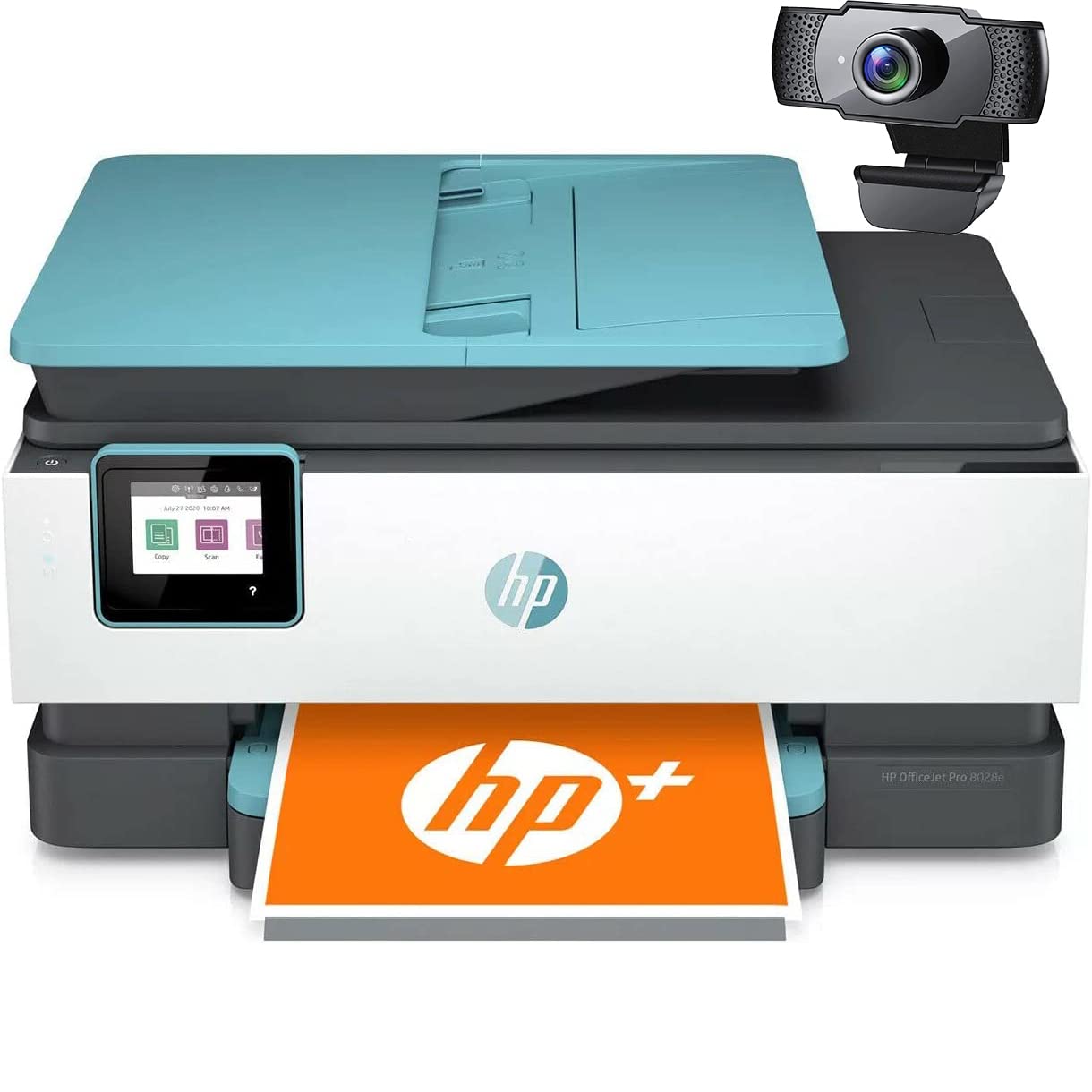 HP OfficeJet Pro 8028e All-in-One Wireless Color Inkjet Printer for Home Office, Blue- Print Scan Copy Fax-20 ppm, 35-sheet ADF, 4800 x 1200 dpi, Auto 2-sided Printing, Ethernet, Cbmou External Webcam