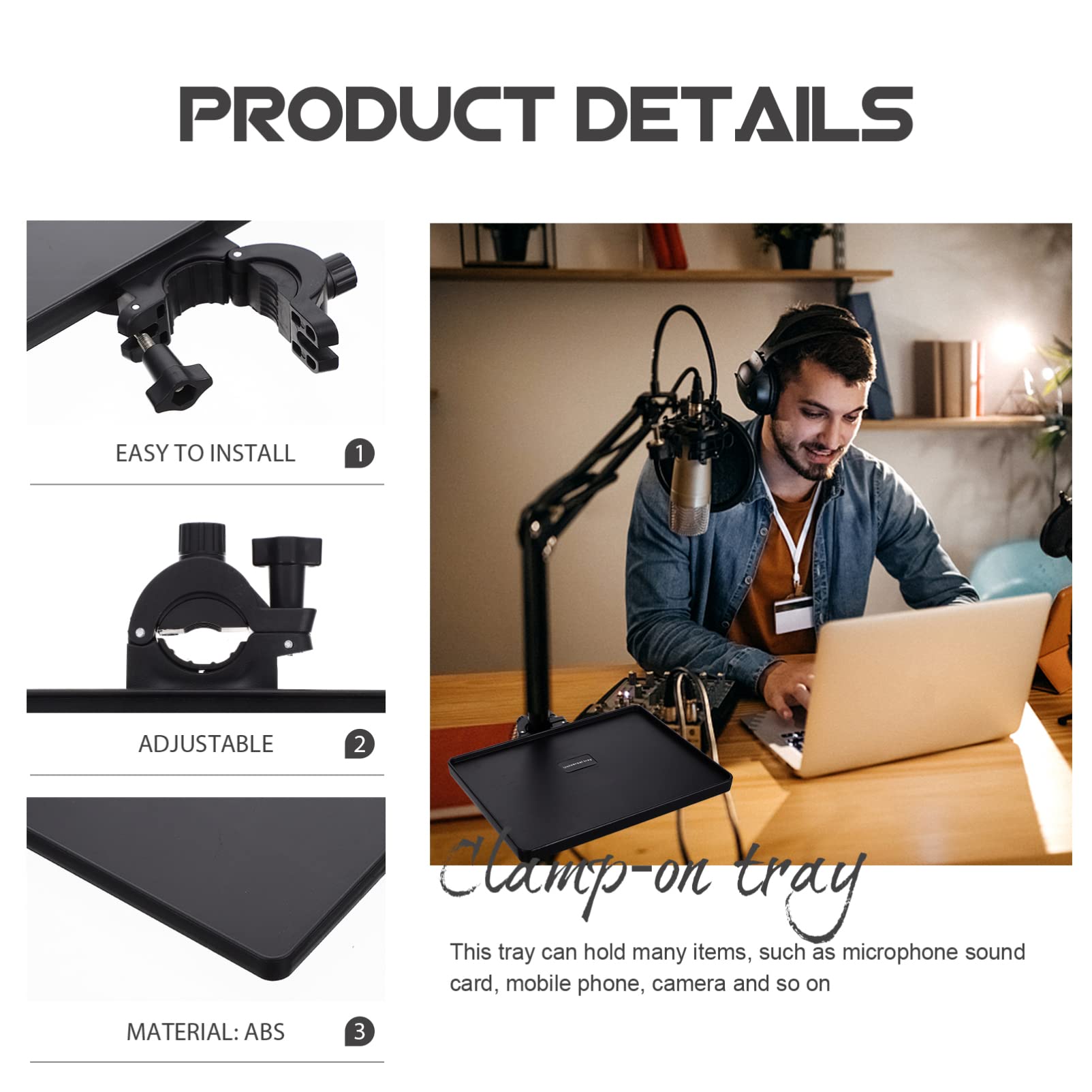 HEALLILY 1pc Mic Rack Stand Tray Adjustable Clamp-On Rack Tray Holder Universal Mic Microphone Stand Tray for Live Streaming Karaoke Concert